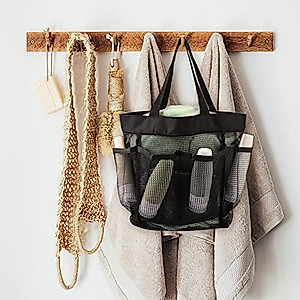 SAVITA Mesh Shower Caddy Portable, Nylon Large Shower Tote Bag Bath Caddy Organizer with Handle and 7 Side Storage Pockets Quickly Dry Shower Bag for Dorm Room Gym Camping (Black)