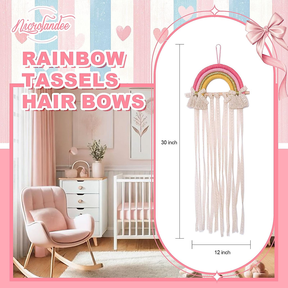 NICROLANDEE Rainbow Tassels Hair Bows Holder Hanging - Baby Hair Accessories Storage Headband Holder Hair Clips Organizer Wall Hanger Decor for Baby Girls Room Ornament (Pink Yellow)