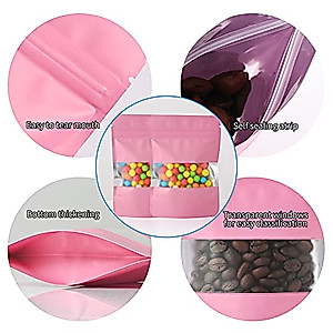 100 Pieces Smell Proof Mylar Bags, Resealable Food Storage Bags with Clear Window, Foil Pouch Stand-up Bags for Food Self Sealing Storage Supplies (Pink, 3.5 x 5 Inch)