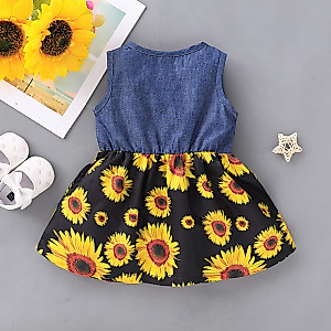 Kucnuzki 12 Month Girl Clothes Toddler Girl Princess Dresses Short Sleeve Girls Denim Skirt Baby Summer Swing Dress Outfits 12-18 Months(Flower+Black)