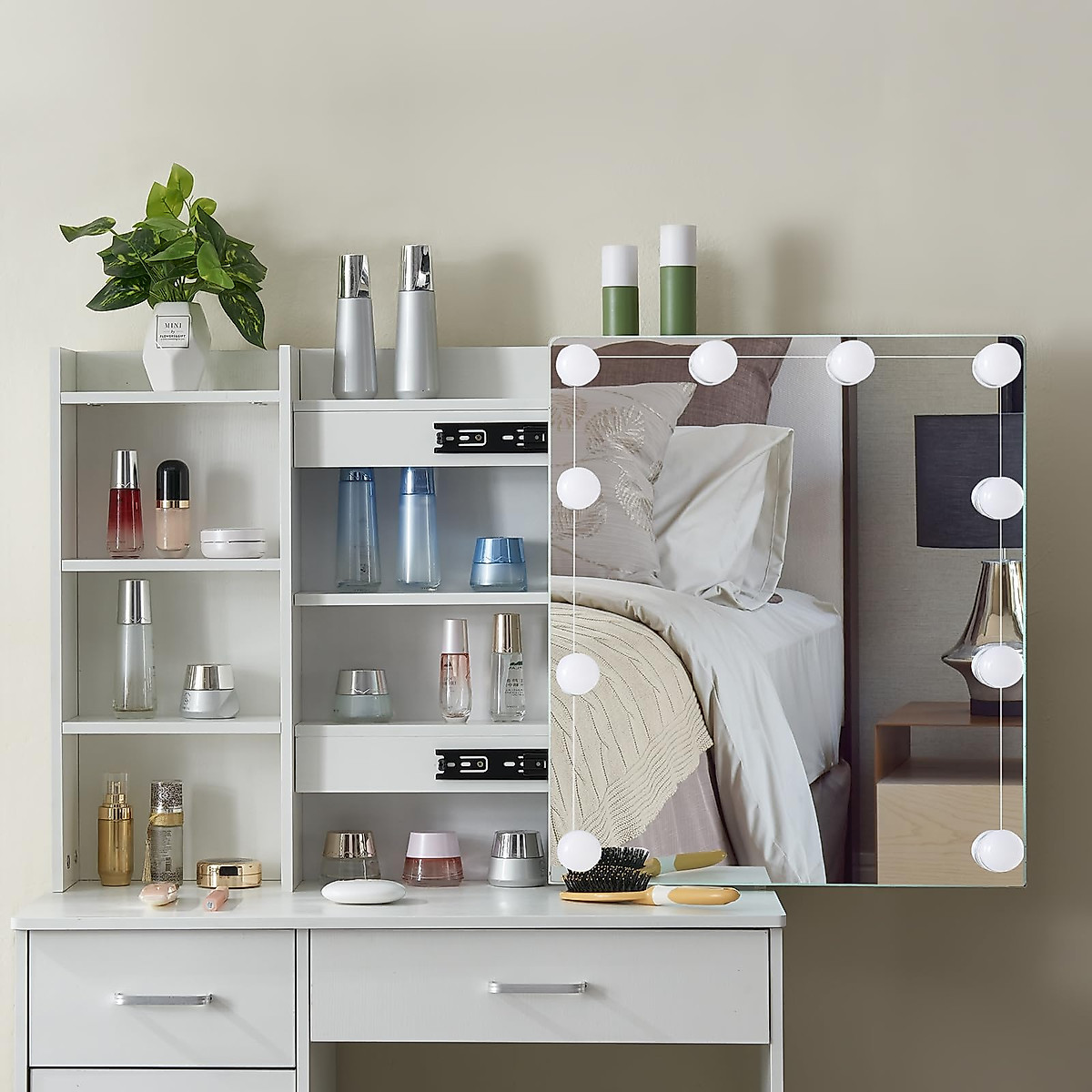 Xinhonglei Modern Makeup Vanity Desk with Lights, Vanity Table with Lighted Mirror, White Vanity Set Dressing Table with 2 Drawers and a Cabinet for Bedroom