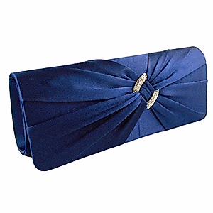 AITING Womens Satin Diamante Pleated Evening Clutch Bag Bridal Handbag Prom Purse (Navy Blue)