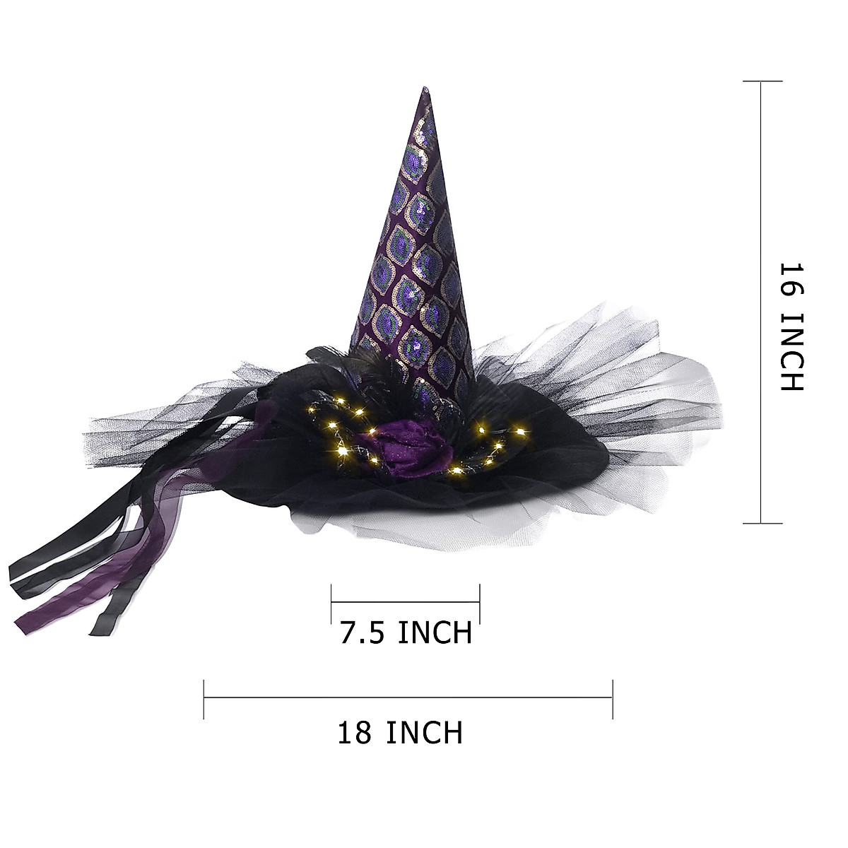 QinYing Purple Halloween Costume Witch Hats for Women Steeple Top with LED Lights for Party Purple