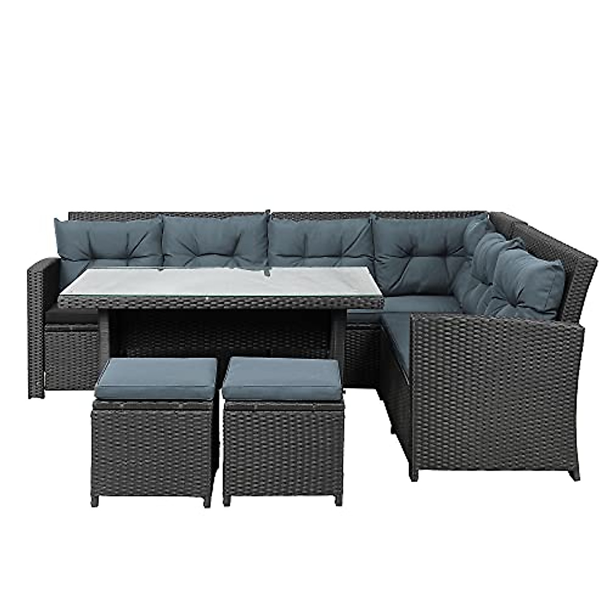 GODAFA 7 Seating Outdoor Patio Furniture Sectional Sofa Set, All-Weather L Shaped Couch with Glass Table, Ottomans for Backyard Porch Poolside, 1, Black