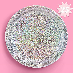 xo, Fetti Holographic Foil Plates - 25 pack | Happy Birthday Party Decorations, Holiday Party, Cool Cake Plates, Silver Bachelorette Disposable Party Plates