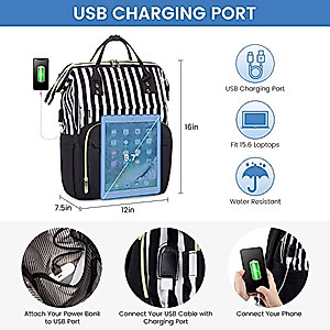 LOVEVOOK Laptop Backpack Women Teacher Backpack Nurse Bags, 15.6 Inch Womens Work Backpack Purse Waterproof Anti-theft Travel Back Pack with USB Charging Port (Black-Thick Stripe)