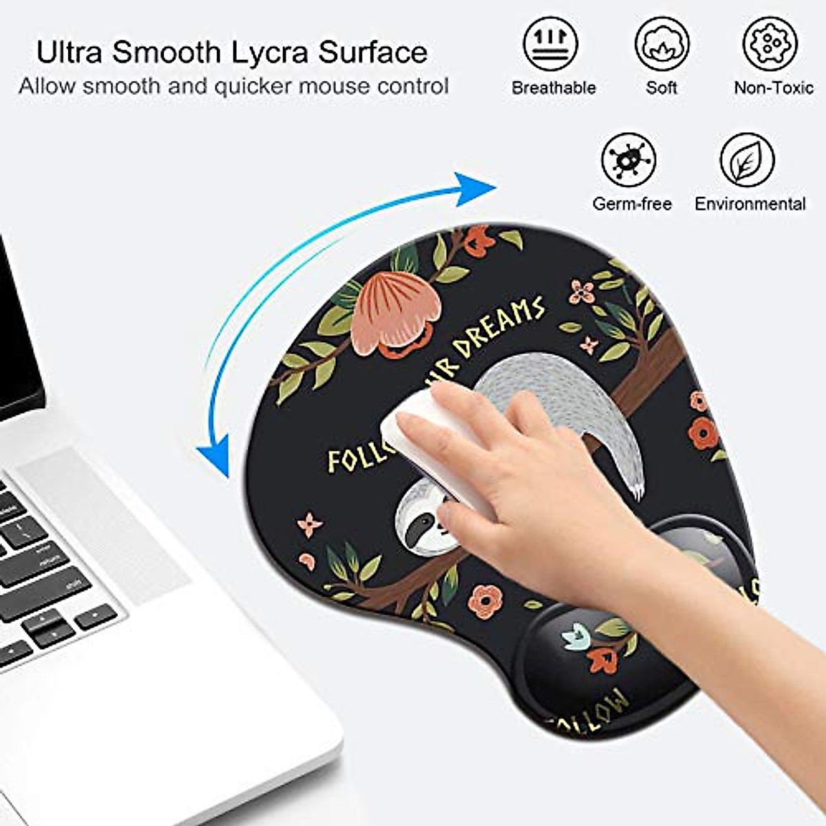 Ergonomic Mouse Pad with Wrist Support, Non Slip Mousepad with Lycra Cloth, Non-Slip PU Base Easy Typing Mouse Mat for Office, Computer, Laptop & Mac (Moon Baby Sloth)
