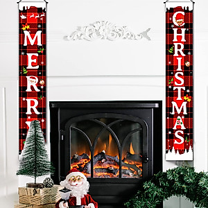 Merry Christmas Door Banner, Plaid Christmas Porch Sign, Outside Xmas Front Door Decorations Outdoor
