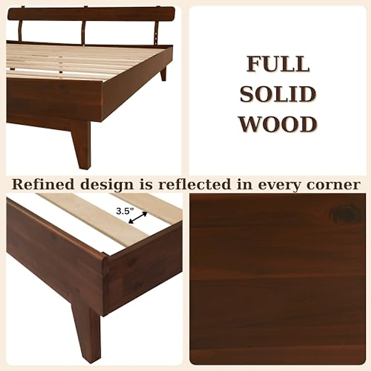 Bme Caden 15'' Bed Frame with Adjustable Headboard - Mid Century, Retro Style with Acacia Wood - No Box Spring Needed - Wood Slat Support - Easy Assembly - Walnut, King (U.S. Standard)