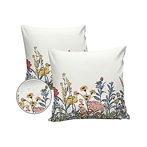 Outdoor Pillow Covers 18 x 18 Inches, Fall Wild Flowers Waterproof Throw Pillow Cover Set of 2, Rustic Autumn Botanical Leaves Home Decorative Square Cushion Covers for Patio/Tent/Couch/Garden