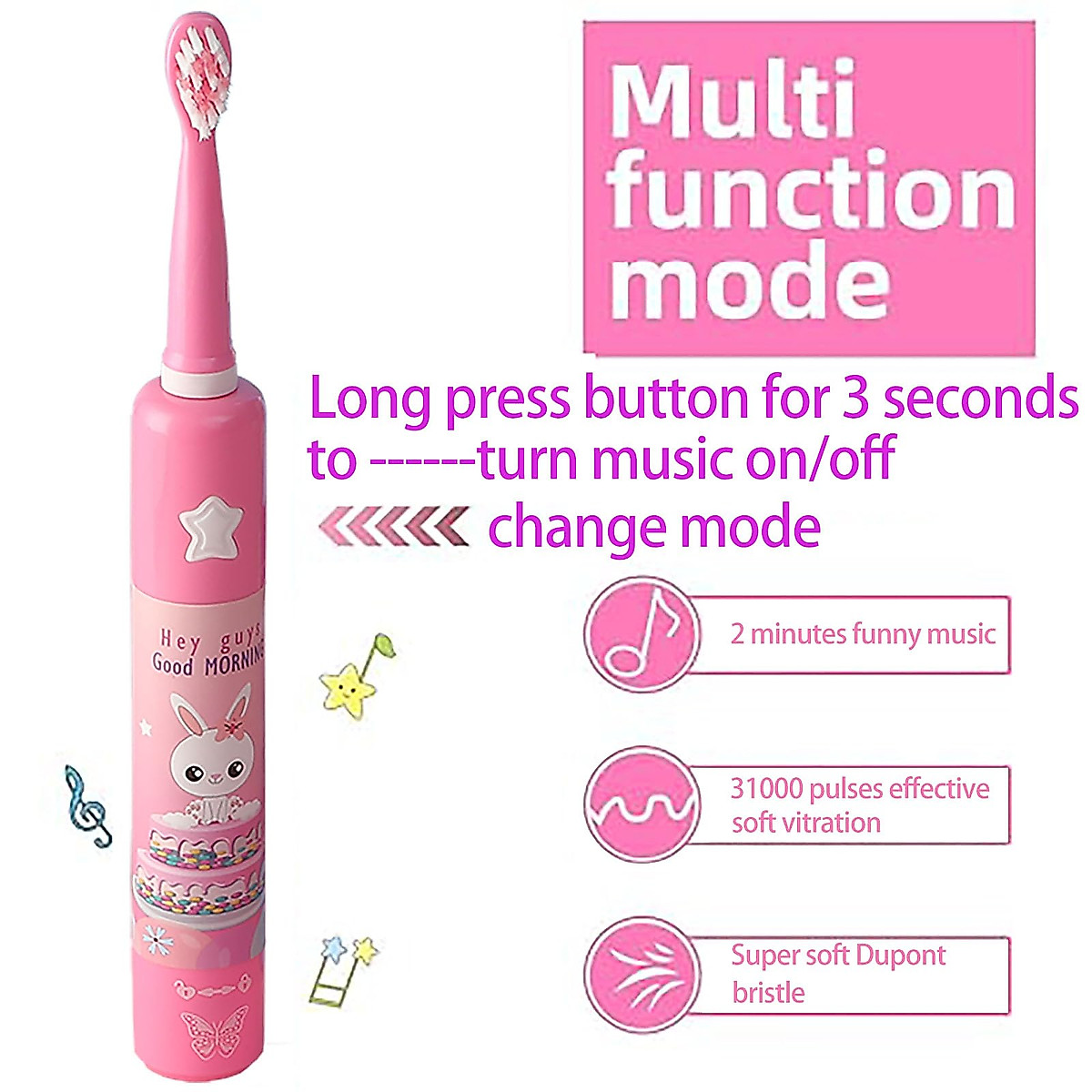 OJV 8620 Musical Electric Toothbrushes for Kids Children, 3 Modes 2 Min Timer, 6 Bristles Rechargeable Power Smart Sonic Music Play Song Toothbrush for Girls Age 3-14 with Wall Mounted Holder (Pink)