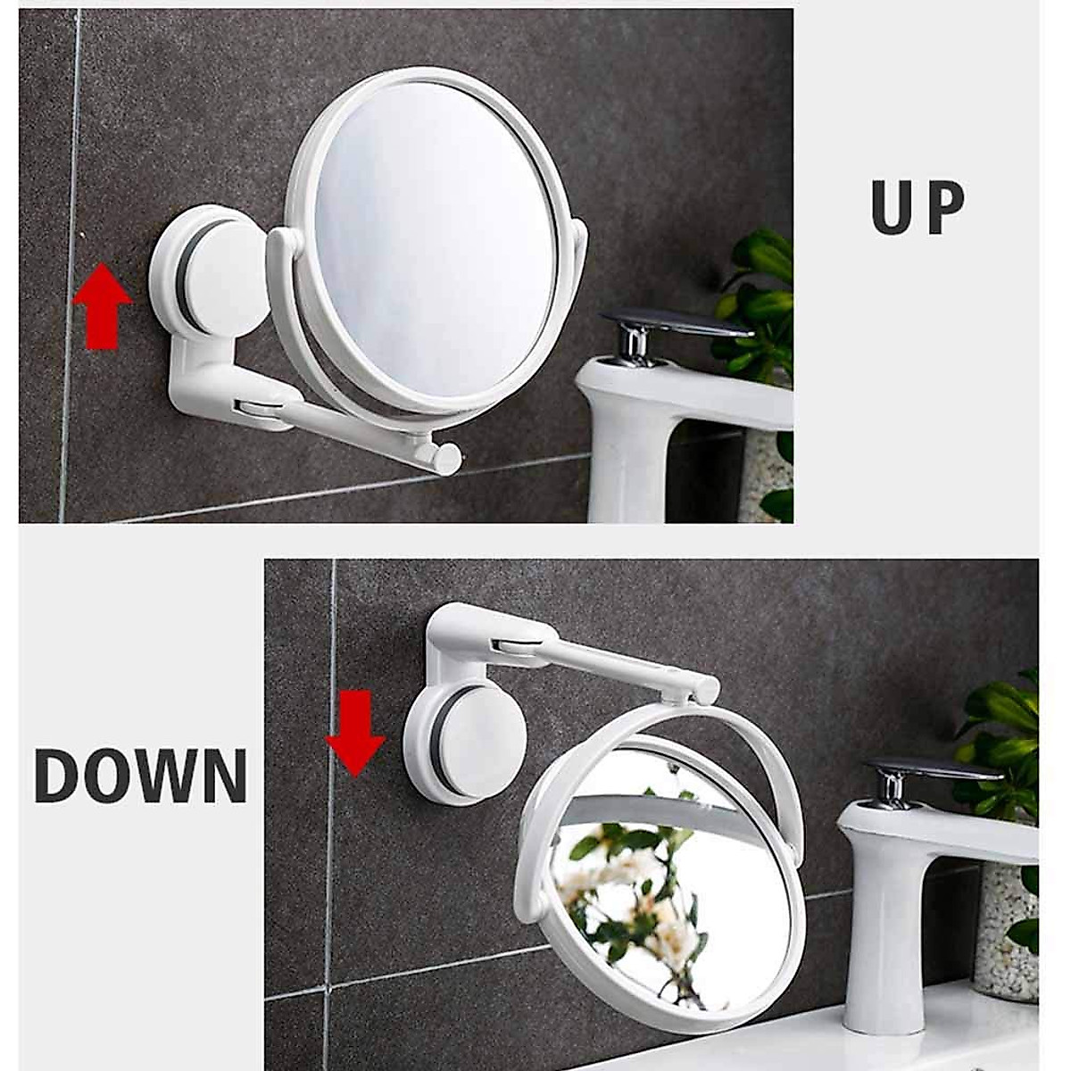 KARAOT Double-Sided Vanity Mirror, Bathroom Shaving Mirror, Wall Mounted Round Cosmetic Vanity, 2X Magnification, 360° Free Rotation and Extendable, Height Adjustable, Folding Arm, Ideal for Gifts