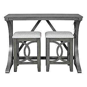 Solid Wood 3-Piece Counter Height Extra Long Dining Table Set Home Bistro Set with USB Port, Farmhouse Rustic Bar Pub Dining Table with 2 Upholstered Stools, Space Saving (Gray)