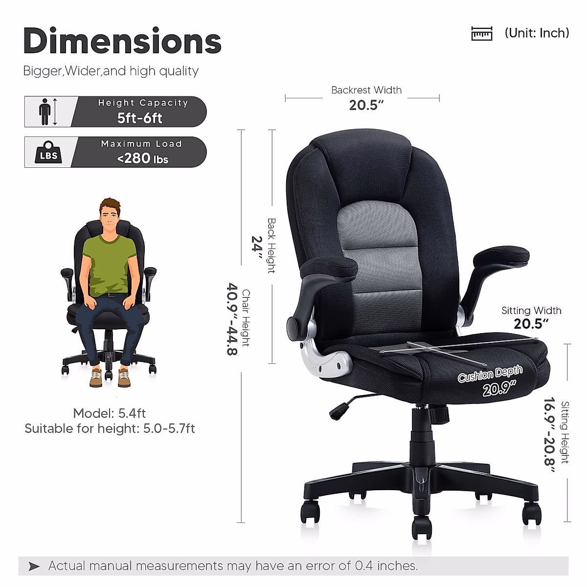 Seatingplus Executive Office Chair High Back Home Office Desk Chairs with Wheels and FILP-up Armrests, Comfortable Mesh Computer Chair, Black&Grey