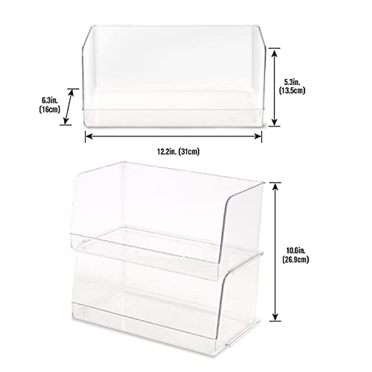 Emeril Lagasse Stackable Plastic Food Storage Organizer Bin Basket with Open Front for Household Kitchen Cabinets, Pantry, Offices, Closets, Bedrooms, Bathrooms 12.2" Wide, 2 Pack - Clear