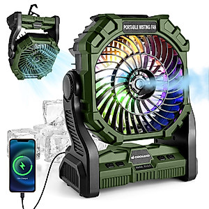 Odoland Portable Misting Fan, 10400mAh Camping Fan with Light & 250mL Water Tank, Battery Operated Rechargeable Mister Tent Fan with Hook, Cooling Mist Fans for Outdoor Patios Beach RV Car Summer