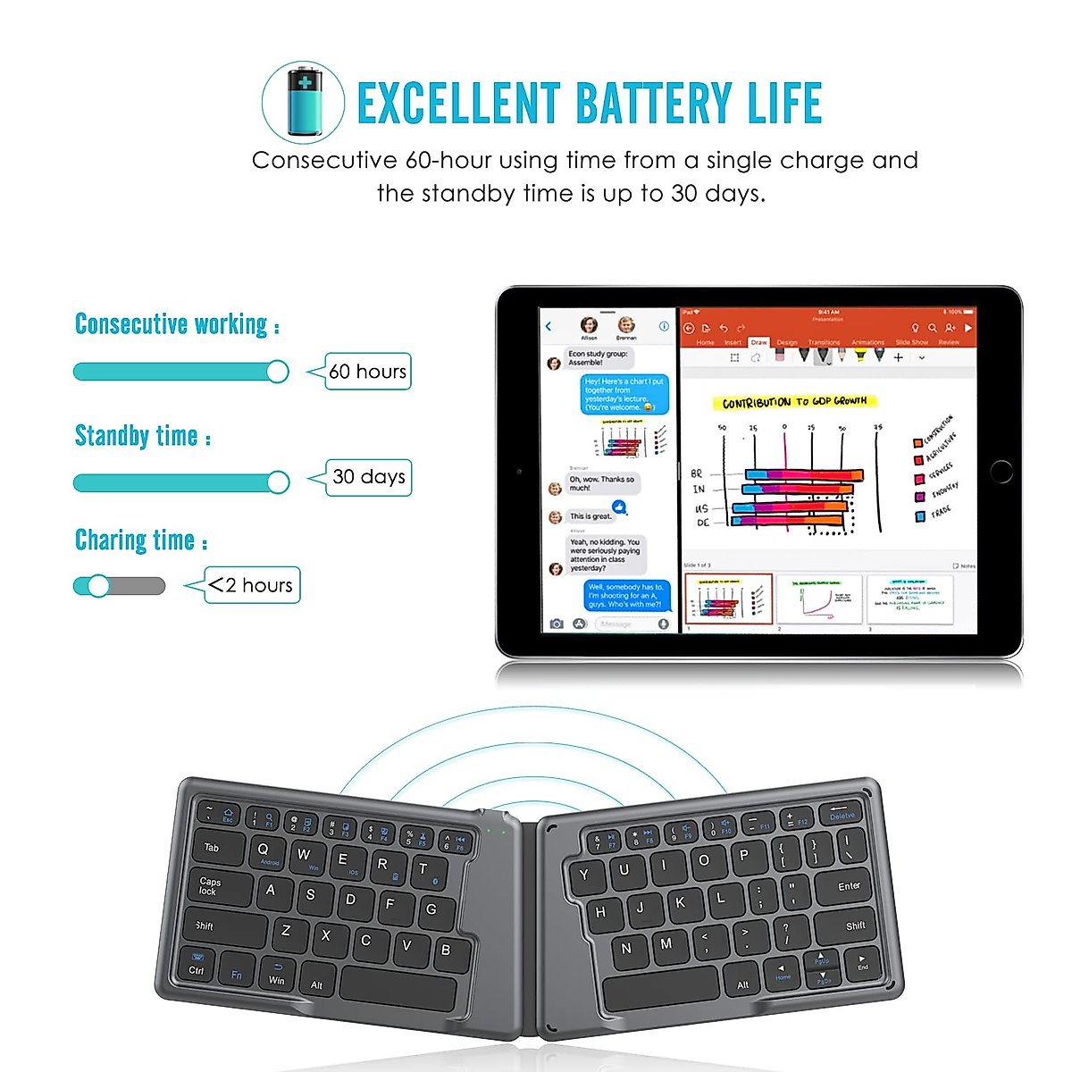 MoKo Foldable Bluetooth Keyboard, Portable Wireless Rechargeable Keyboard, Ultra Slim Ergonomic Folding Keyboard Compatible with iOS, Android and Windows Tablet/Smartphone/Laptop Devices, Silver Gray