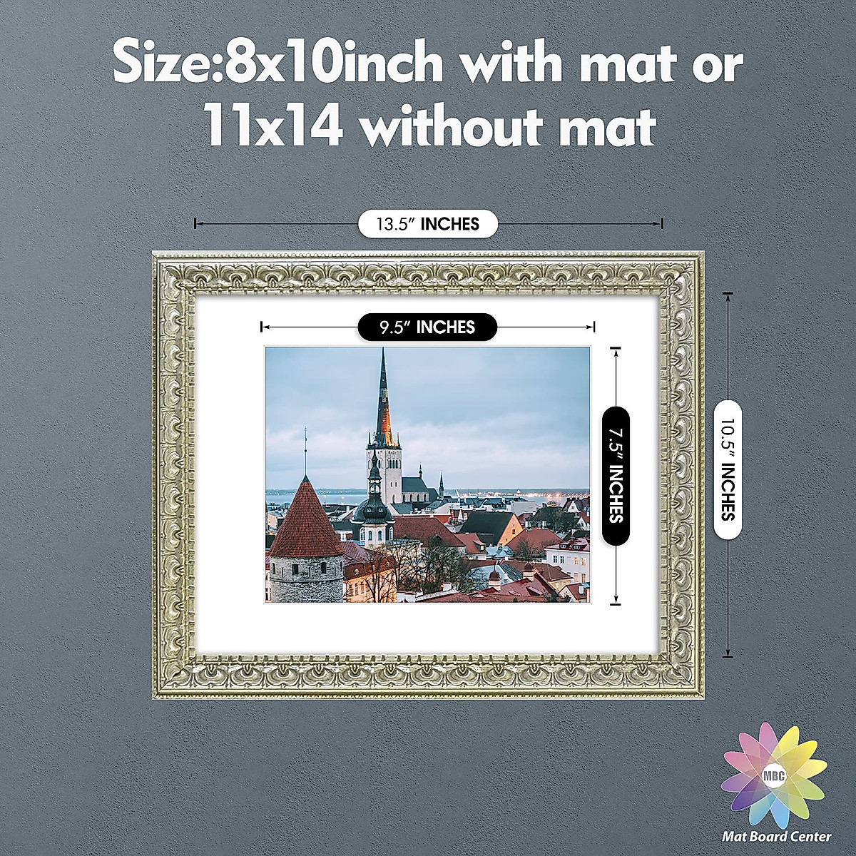 MBC MAT BOARD CENTER, 11x14 Ornate Picture Frame, Silver Beige Color, Matted to 8x10 - White Mat - Tempered Glass