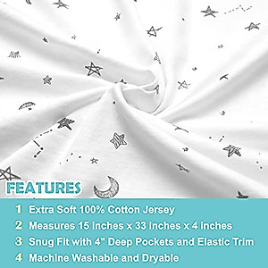 TL Care 100% Natural Breathable Cotton Jersey Knit Fitted Bassinet Sheet, Grey Stars and Moons, 15" x 33", Soft Breathable, for Boys and Girls(Pack of 1)
