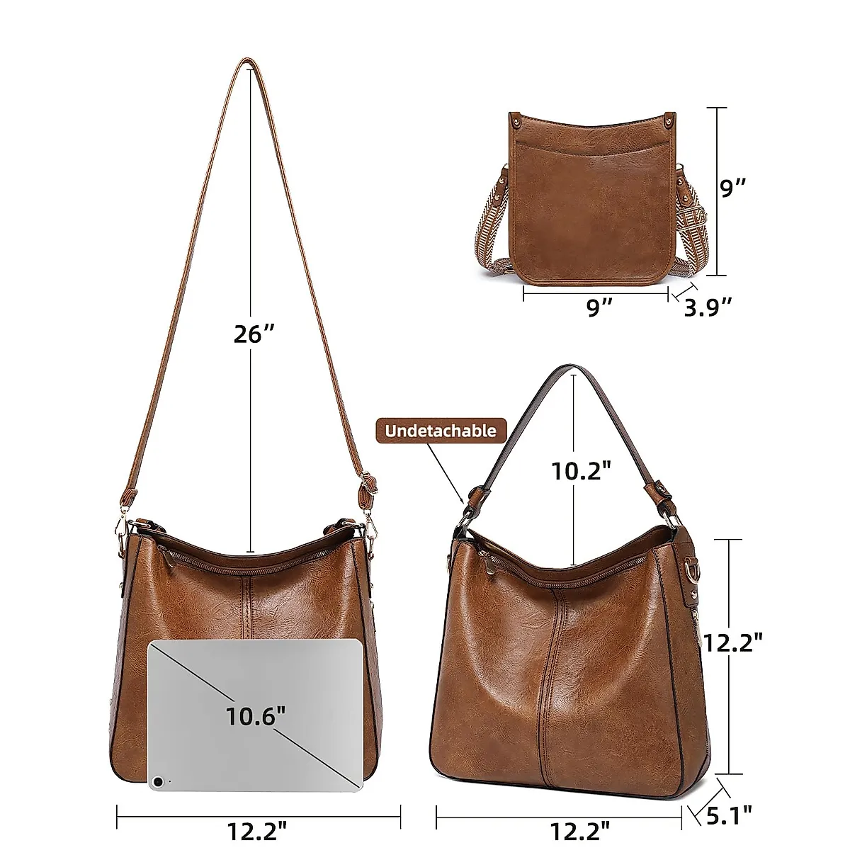 Purses for Women 3PCS, Crossbody Bags Set Large PU Leather Purse Shoulder Handbags with Wallet Adjustable Straps for Ladies Tote, Brown