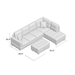 Ainehome Living Room Sectional Set, Leather Sectional Sofa in Home, with Storage Ottoman and Matching Pillows (Right Hand Facing,Black)