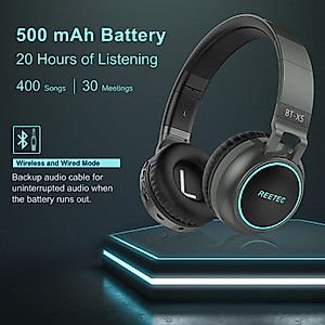 REETEC Bluetooth Headphones Over Ear - [Colorful LED Lights, 20H Playtime] Foldable Hi-Fi Stereo Wireless Headphones with Built-in Mic for iPhone, iPad, Smartphones, Laptop, PC, SD/TF, Grey