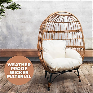 Kids Size Wicker Egg Chair, Indoor Outdoor Patio Backyard Deck Lounger Bubble Seat, With Cushion, Room & Home Décor - Chair Measures 22” x 29” x 35” Floor To Top Height - 45”, Weight Capacity 250 lbs.