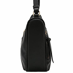 FashionPuzzle Faux Leather Two Front Zipper Pocket Crossbody Saddle Bag (Black) One Size