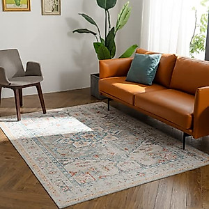 Auemtyn Area Rug,5x7Washable Rug for Living Room,Rug with Anti-Slip Backing,Vintage Rug for Bedroom,Ultra-Thin Boho Farmhouse Rug for Home Decor(5'x7',Light Beige)