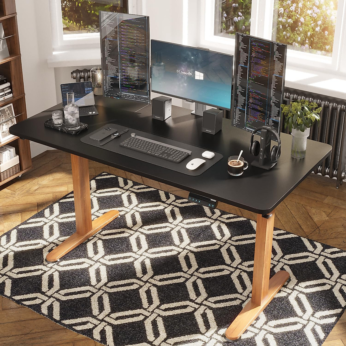 Monomi Electric Standing Desk, 55 x 24 inches Height Adjustable Desk, Ergonomic Home Office Sit Stand Up Desk with Memory Preset Controller (Black Top/Dark Wood Grain Frame)