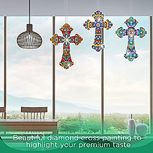 3 Pcs Cross Hanging Diamond Painting Kits for Halloween Christmas Gift DIY 5D Crystal by Number Mandala Cross Shaped Rhinestones Pendant Acrylic Mosaic Wall Painting Kit for Adults Home(Vintage)