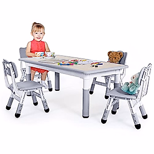 AuAg 47.2‘’ Kid Table and 4/6 Chairs Set, Height Adjustable Toddler Study Table&Chair Set for Age 2-10, Multi-Activity Art Table W/Graffiti&Scrubtable Desktop, for Daycare, Classroom, Home