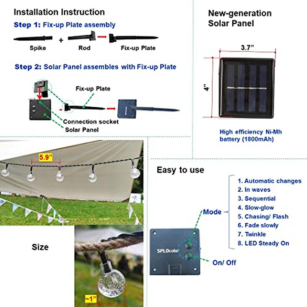 SPLOcolor Solar String Lights Outdoor, 20ft Waterproof 30 LEDs 8 Modes Crystal Globe Solar String Fairy Lights Backyard Patio Christmas Lights for Holiday Party Gardens Backyard Wedding (Multicolor)