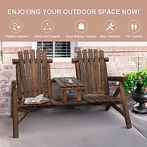 Outsunny 2-Seat Wooden Adirondack Chair, Patio Bench with Table, Outdoor Loveseat Fire Pit Chair for Porch, Backyard, Deck, Carbonized