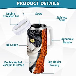 ODAWA 40 Oz Black White Cat Insulated Tumbler Cup with Handle and Straw, Stainless Steel Vacuum Insulated Tumbler
