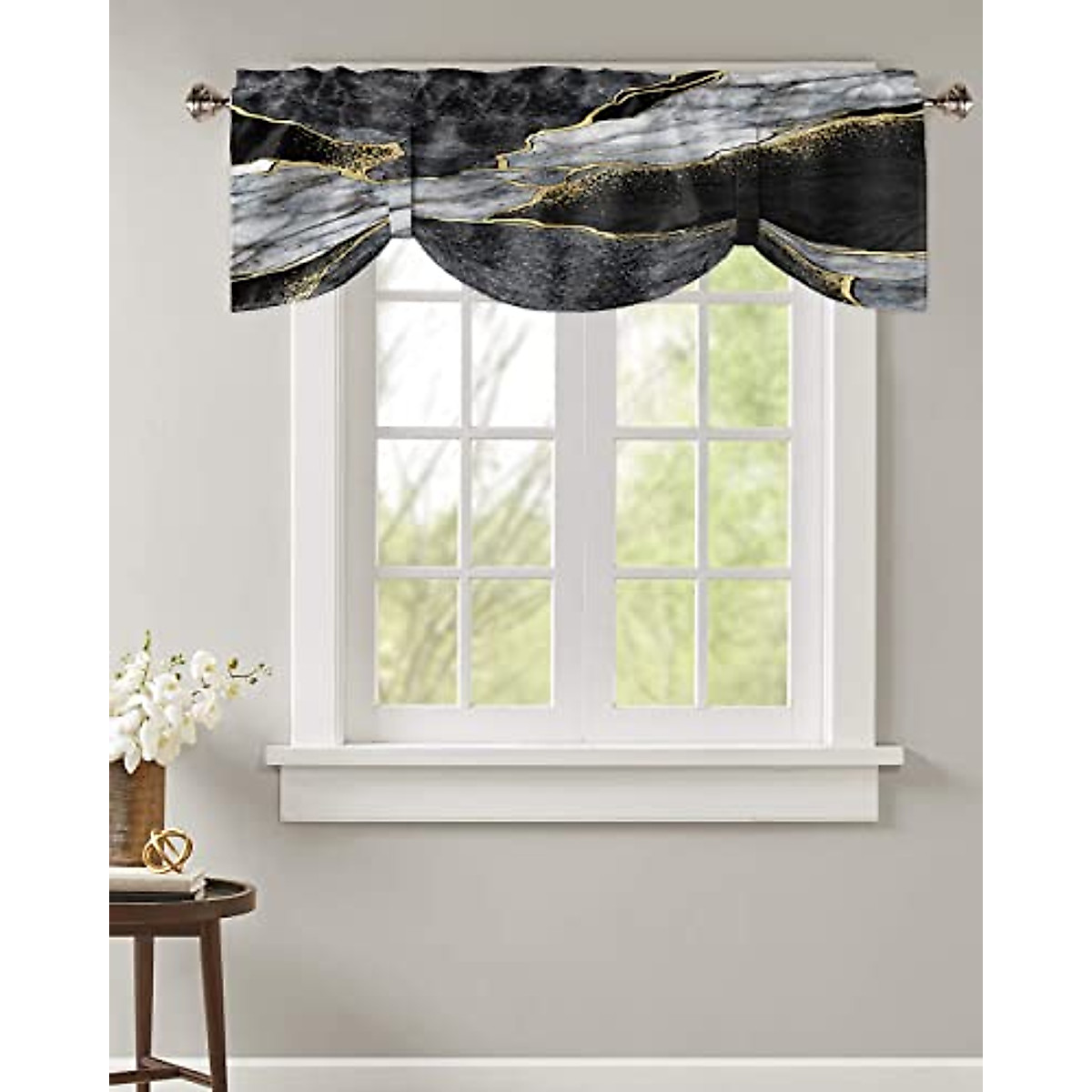 Tie Up Valance for Windows Black Abstract Marble Curtains Valances Rod Pocket Valance Window Treatments White Malachite Gold Veins Tie-up Shade Valance for Kitchen Living Room Bedroom 1 Panel 60x18