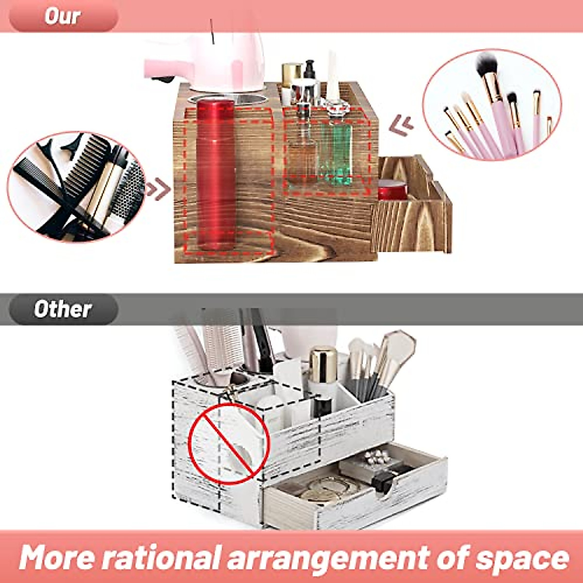 sitanes Hair Tool Organizer, Farmhouse Hair Dryer & Styling Supplies Holder Countertop with Jewelry Storage Drawer, Wooden Blow Dryer Holder with 2 Heatproof Cups, Curling & Flat Iron Holder