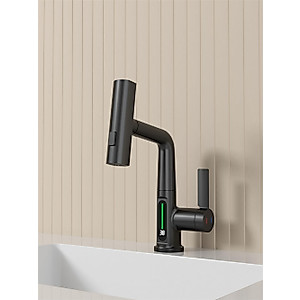 Weirun Bathroom Single Handle Basin Sink Pull Out Faucet with Rainfall Spray Head Temperature Digital Display Vanity Mixer Tap Matte Black