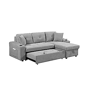 Cotoala L-Shape Sectional Sofa with Pull-Out Bed and Storage Space, Right Chaise Longue Convertible Sleeper Couch w/ 2 Cup Holders & Side Pockets, for Living Room, Apartment, 92", Gray