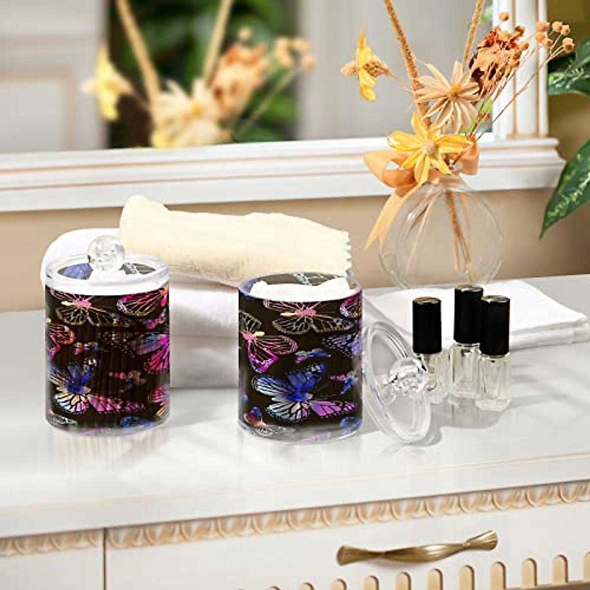 Kigai Colorful Butterfly Qtip Holder Dispenser - 14OZ Clear Plastic Apothecary Jars Food Storage Jar with Lids Bathroom Canister Organizer for Coffee, Tea, Candy, Floss (2Pack)