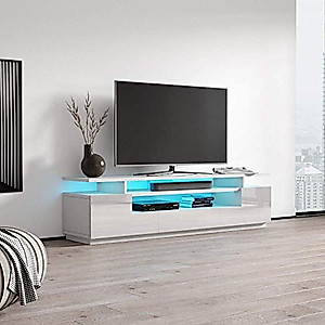 MEBLE FURNITURE & RUGS Eva 77" Modern High Gloss TV Stand with 16 Color LEDs (White)