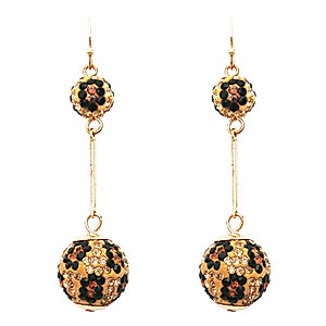 Rosemarie & Jubalee Women's Get Wild Leopard Print Pave Crystal Ball Drop Earrings (Double Ball Bar Gold Tone Fish Hook, 2.5")