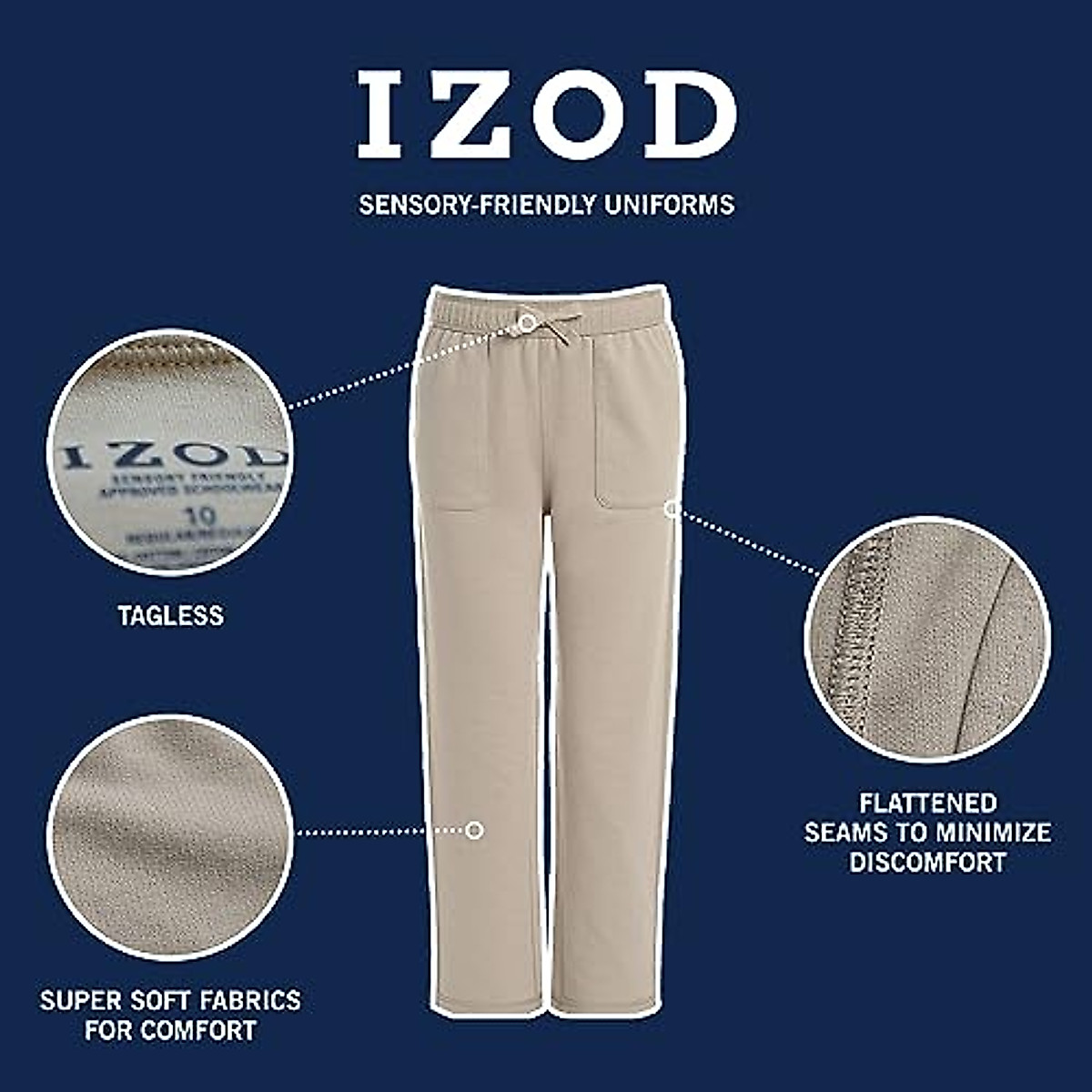 IZOD boys School Uniform Sensory-friendly Knit Pants, Khaki, 10 12 US