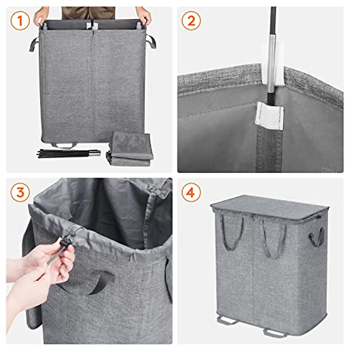 Lifewit Double Laundry Hamper with Lid and Removable Laundry Bags, Large Collapsible 2 Dividers Dirty Clothes Basket with Handles for Bedroom, Laundry Room, Closet, Bathroom, College, Grey and Black
