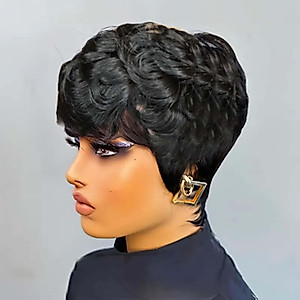 Evasens Pixie Cut Wigs Human Hair Short Wigs for Black Women Human Hair Pixie wig with Bangs Short Black Wig Layered Wigs Daily Wear (1B#ZZ)