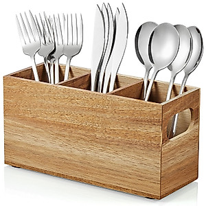 DRASTAR Silverware Holder, Acacia Wooden Utensil Caddy, Silverware Organizer Countertop, Cutlery Holder for Party, Fork Spoon Knife Organizer