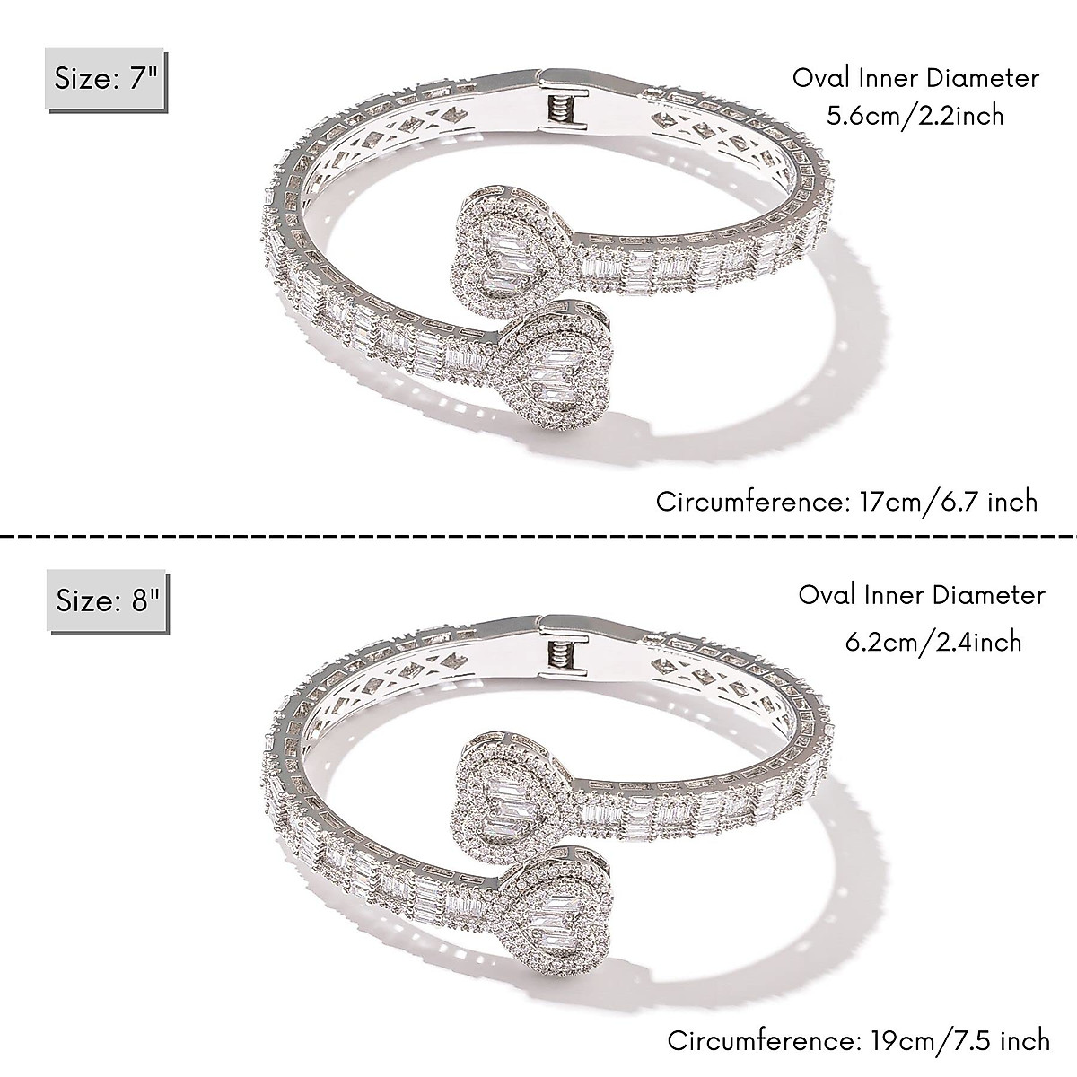 Lulu Mel Iced Out Baguette Diamond Bracelet Jewelry for Women, Hip Hop Mens 14k Gold Silver Plated Cubic Zirconia Bangle Bracelet, Men Heart Cuff Bracelet With Jewelry Box (Silver Heart, 8inch)