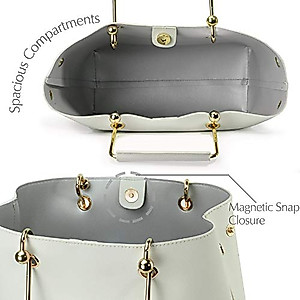 Women Tote with Metal Handle Vegan Leather Convertible Top Handle Handbag (Ivory)