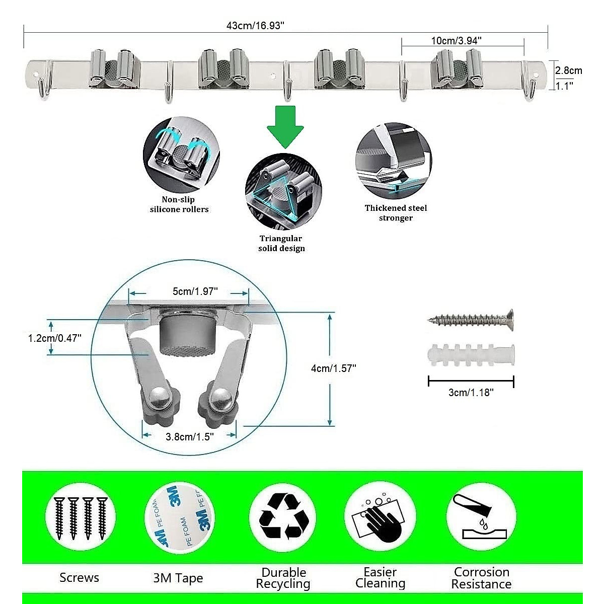 Mokife Mop Broom Holder Wall Mount Heavy Duty Adhesive Tools Organizer Rack Stainless Steel with 4 Positions 5 Hooks for Utility Room, Garage, Laundry, Garden, Kitchen, Bathroom, Toilet and Office