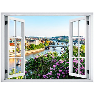 SIGNWIN Removable Wall Sticker/Wall Mural Window View Italian Flower Field Cityscape Nature Wilderness Photography Realism Decorative Landscape Digital Art for Living Room, Bedroom, Office - 24"x32"